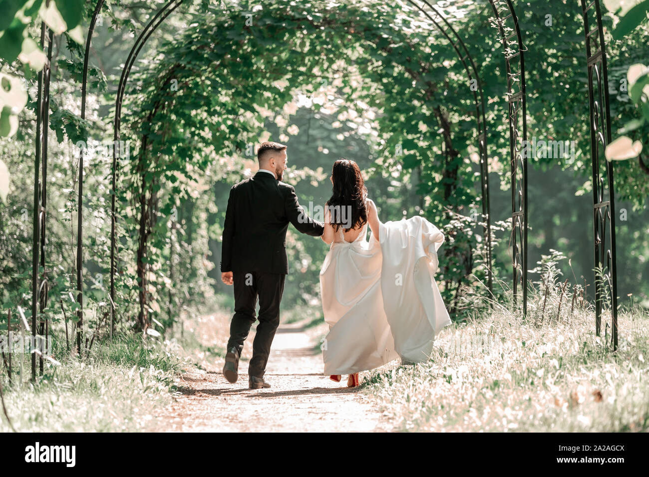 rear view. happy bride and groom passing under the wedding arch Stock ...