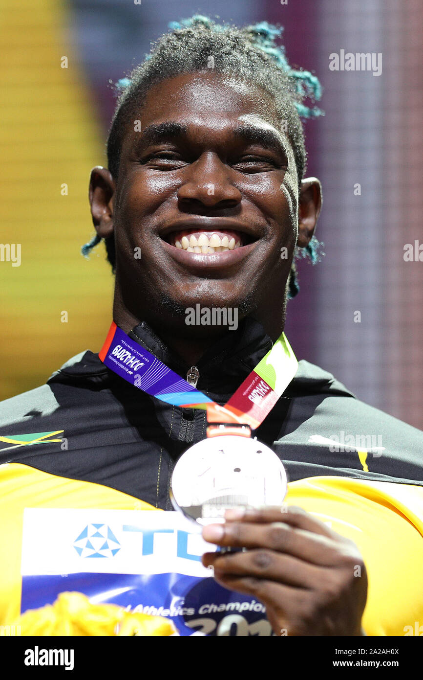 Doha, Qatar. 1st Oct, 2019. Fedrick Dacres of Jamaica poses with the ...