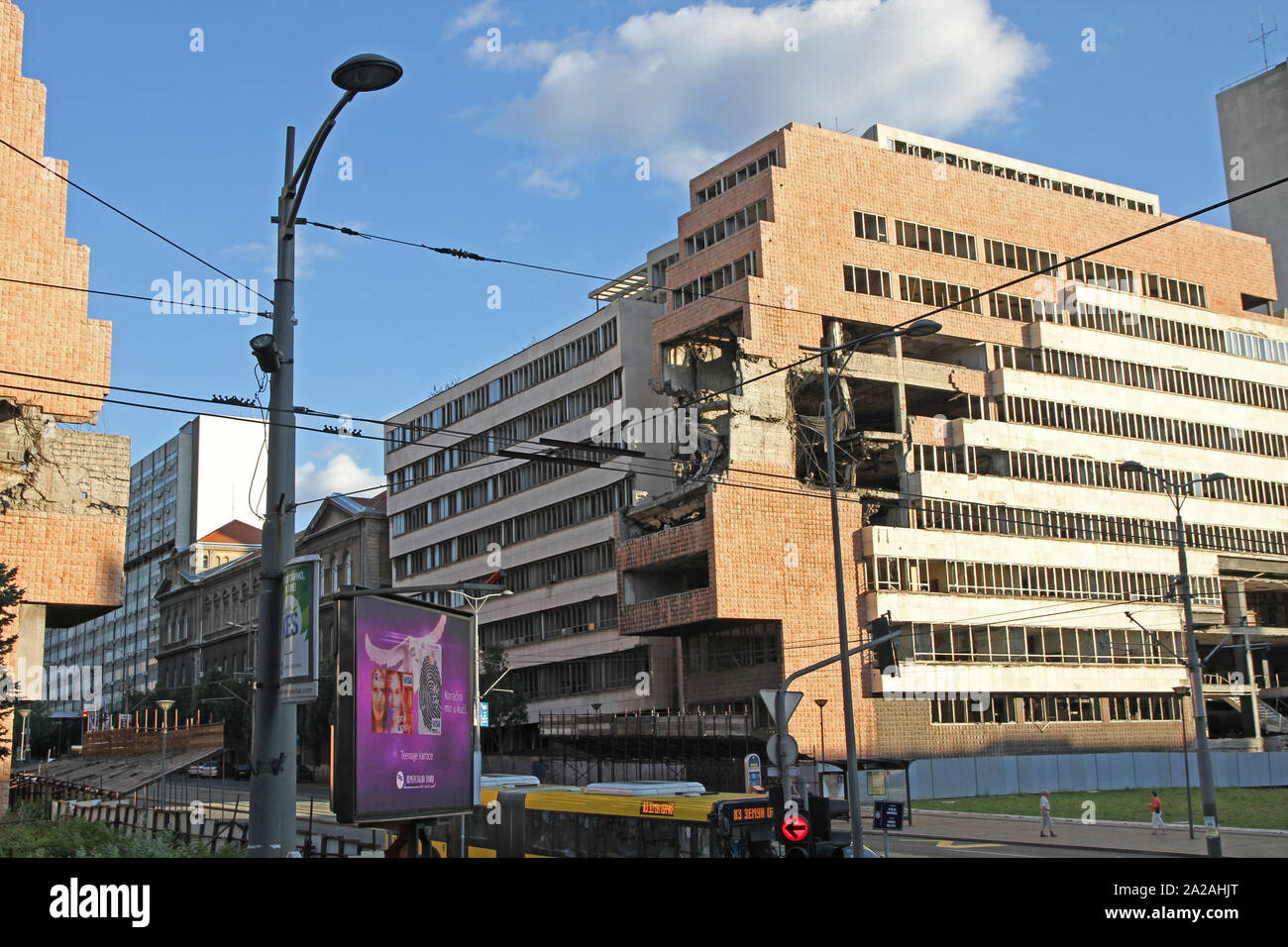 Apartment building blocks and old remains of The Yugoslav Ministry of ...