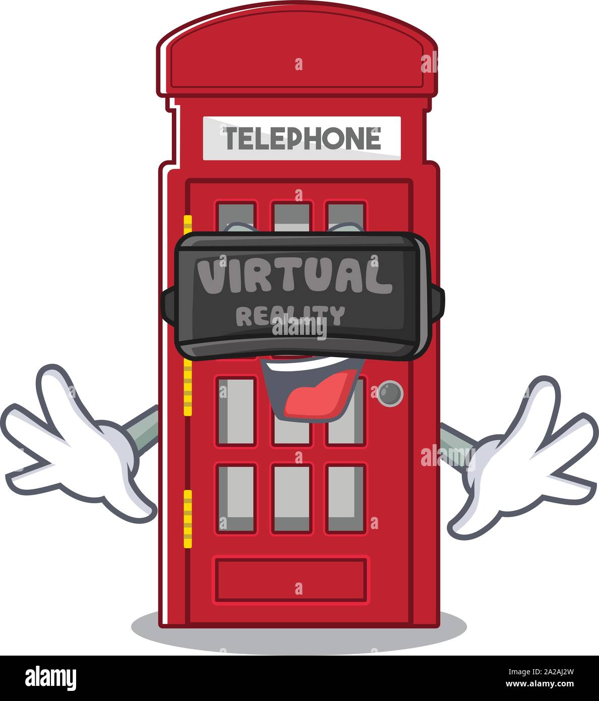 Virtual reality miniature telephone booth above cartoon table Stock ...