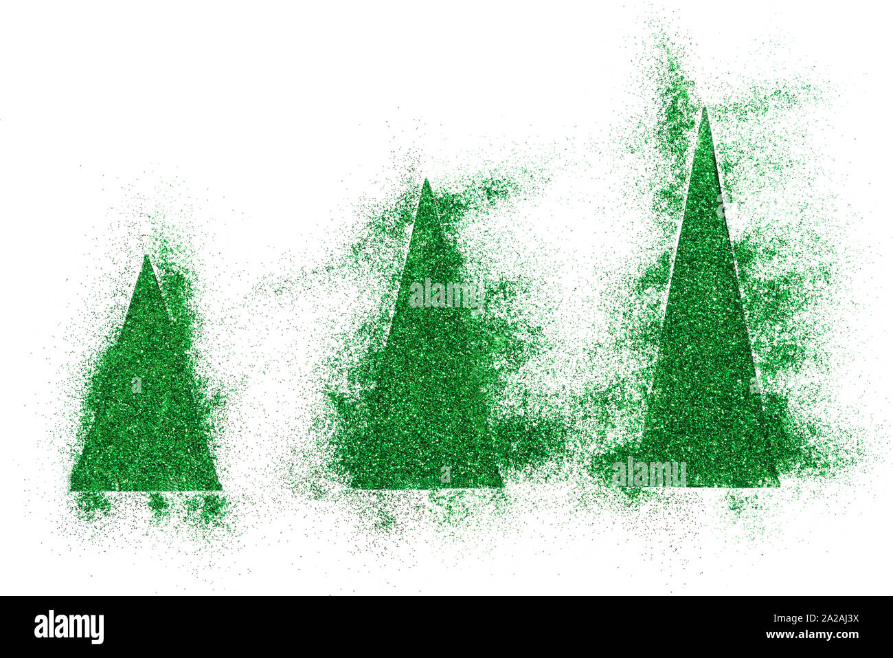 Tree green Christmas trees made of glitter on white with cut out shapes ...