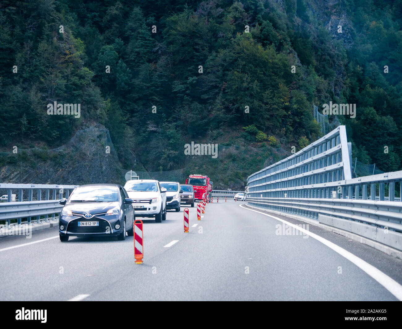 Cars drive on the Egratz viaduct, Chamonix-Mont-Blanc valley, Haute ...