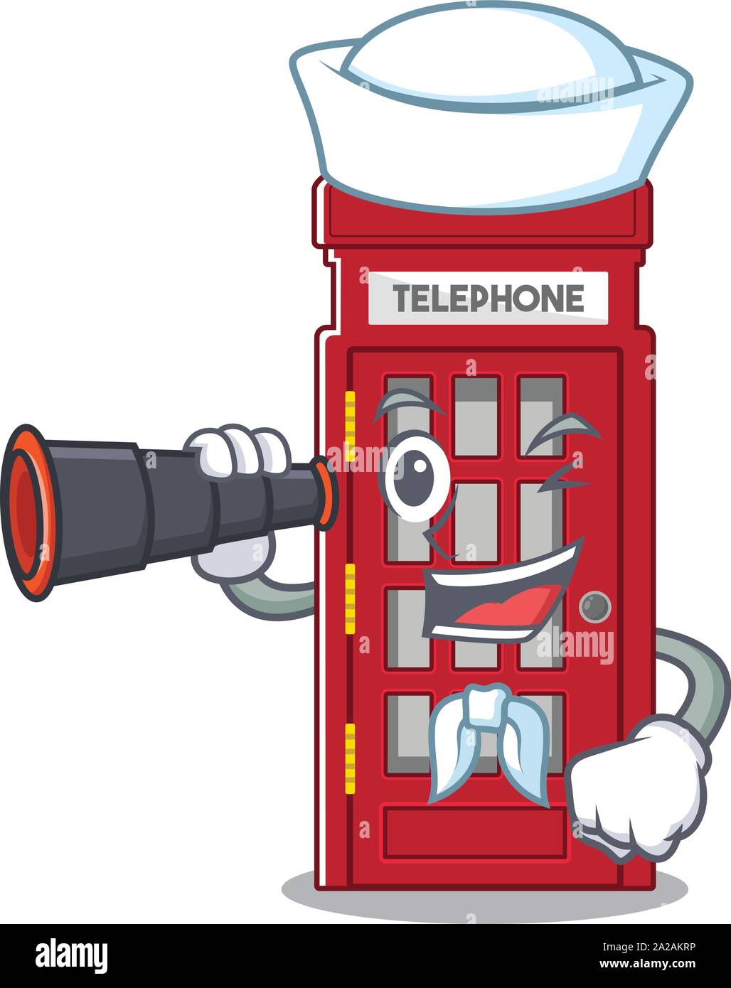Sailor with binocular miniature telephone booth above cartoon table ...