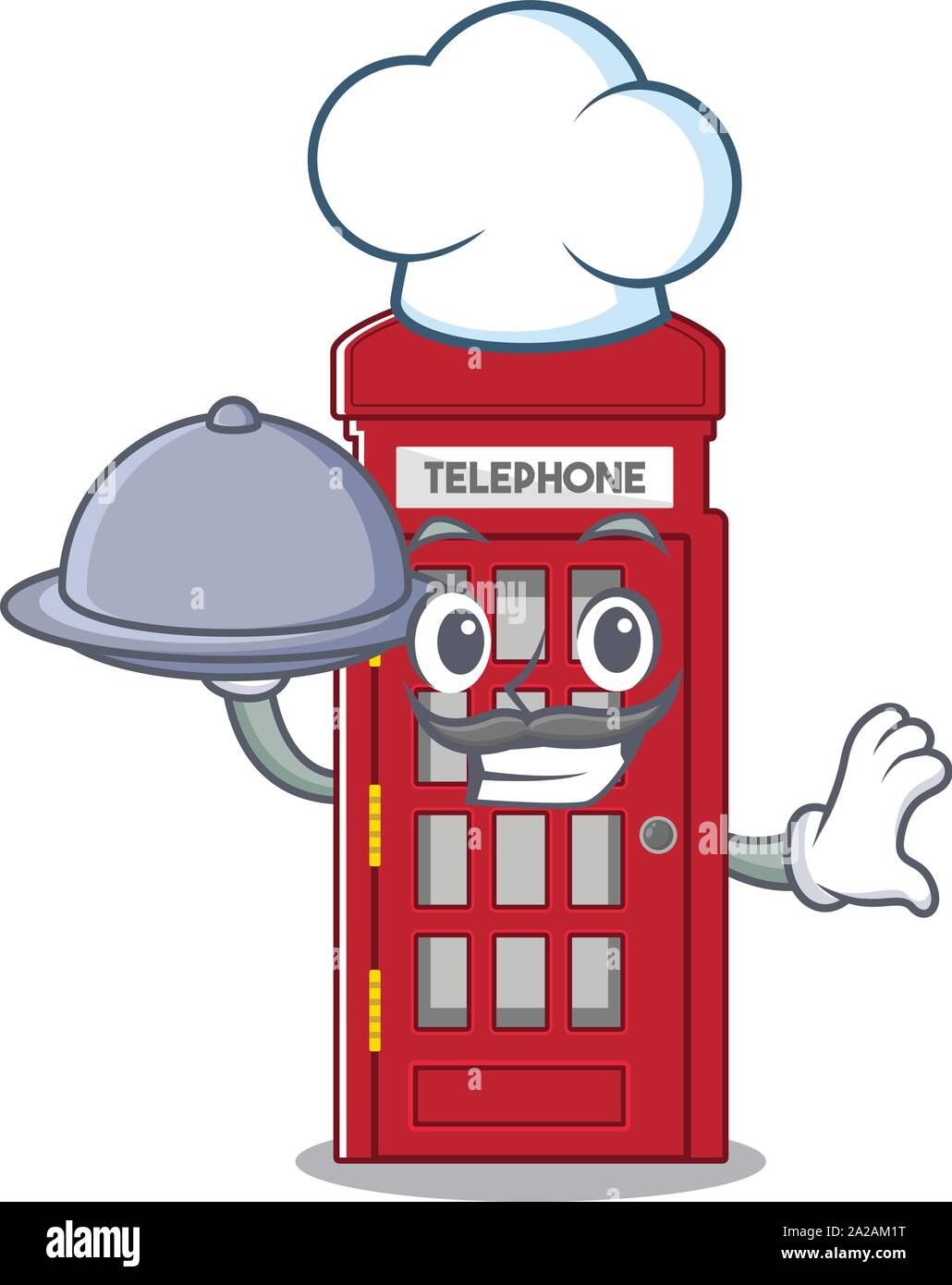 Chef with food miniature telephone booth above cartoon table Stock ...