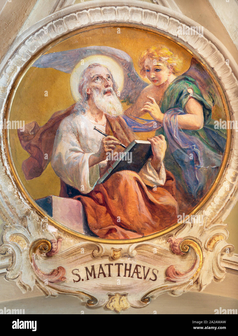 BELAGGIO, ITALY - MAY 10, 2015: The freso of St. Matthew the Evangelist ...