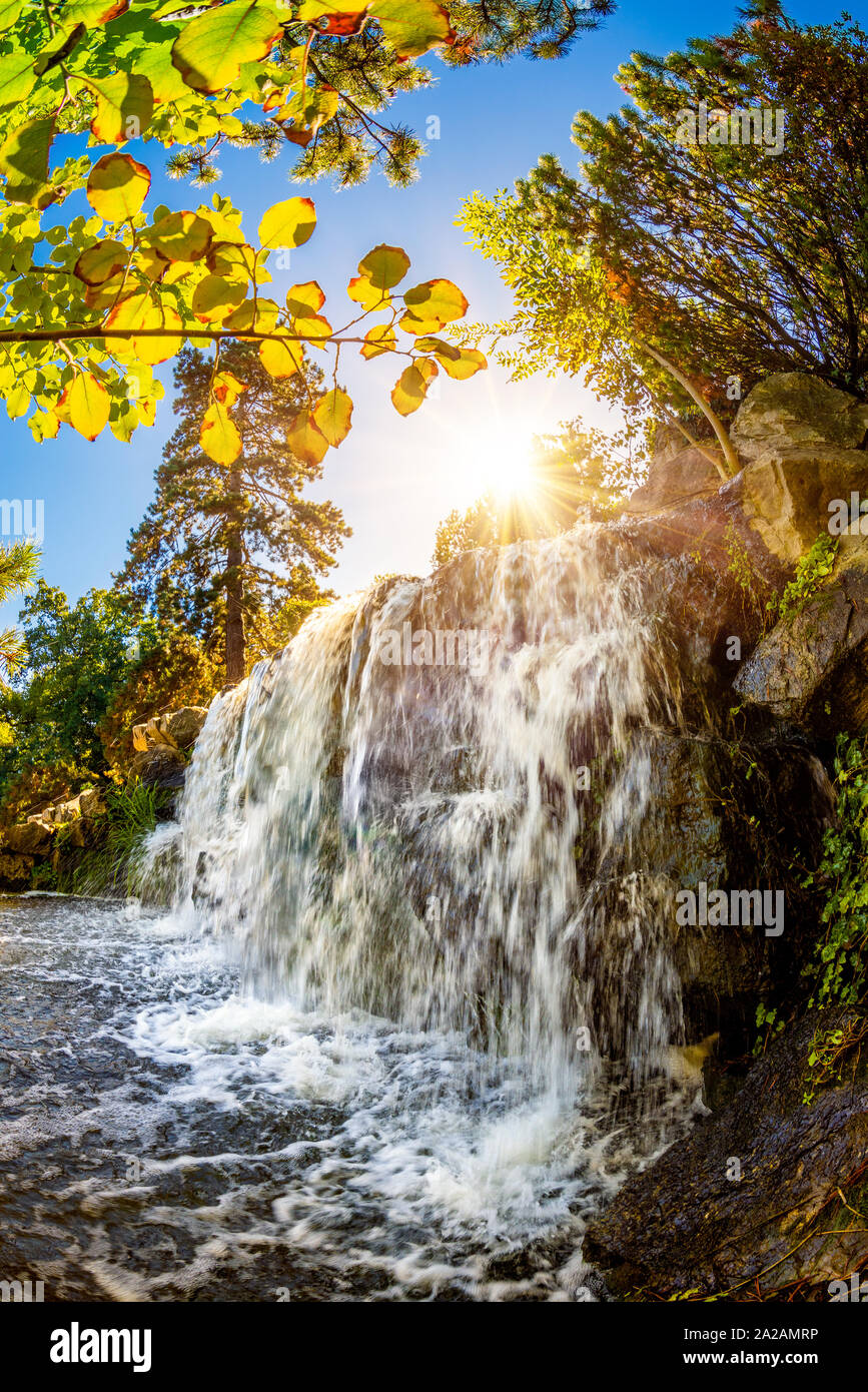 Landscape with waterfall in the forest and bright sun shining through ...