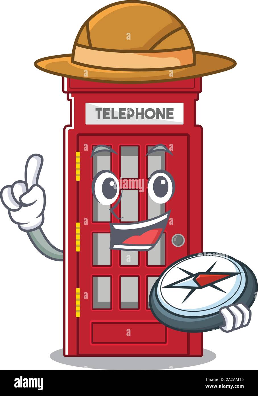 Explorer miniature telephone booth above cartoon table Stock Vector ...