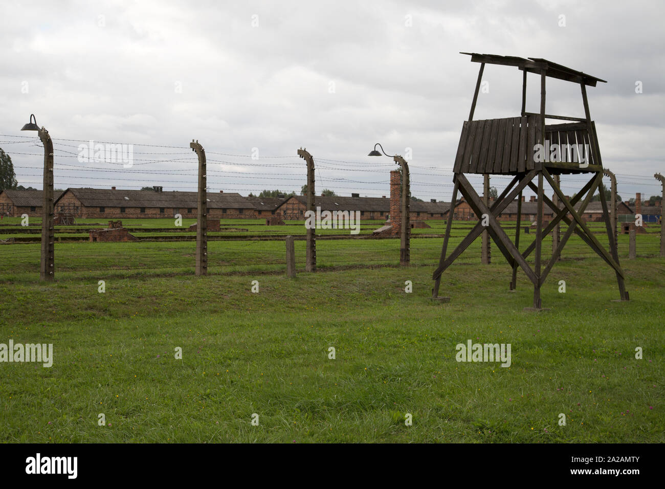 Guard tower and electric fences, Auschwitz-Birkenau, former German Nazi ...