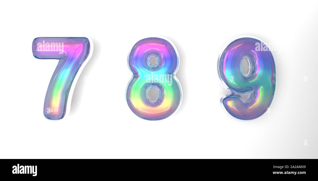 3D text of the letter 789 in the style of soap bubbles with a rainbow ...