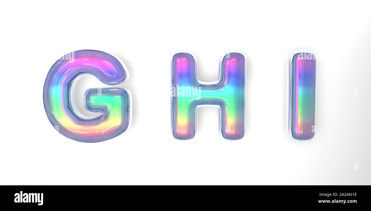 3D text of the letter g, h, i in the style of soap bubbles with a ...