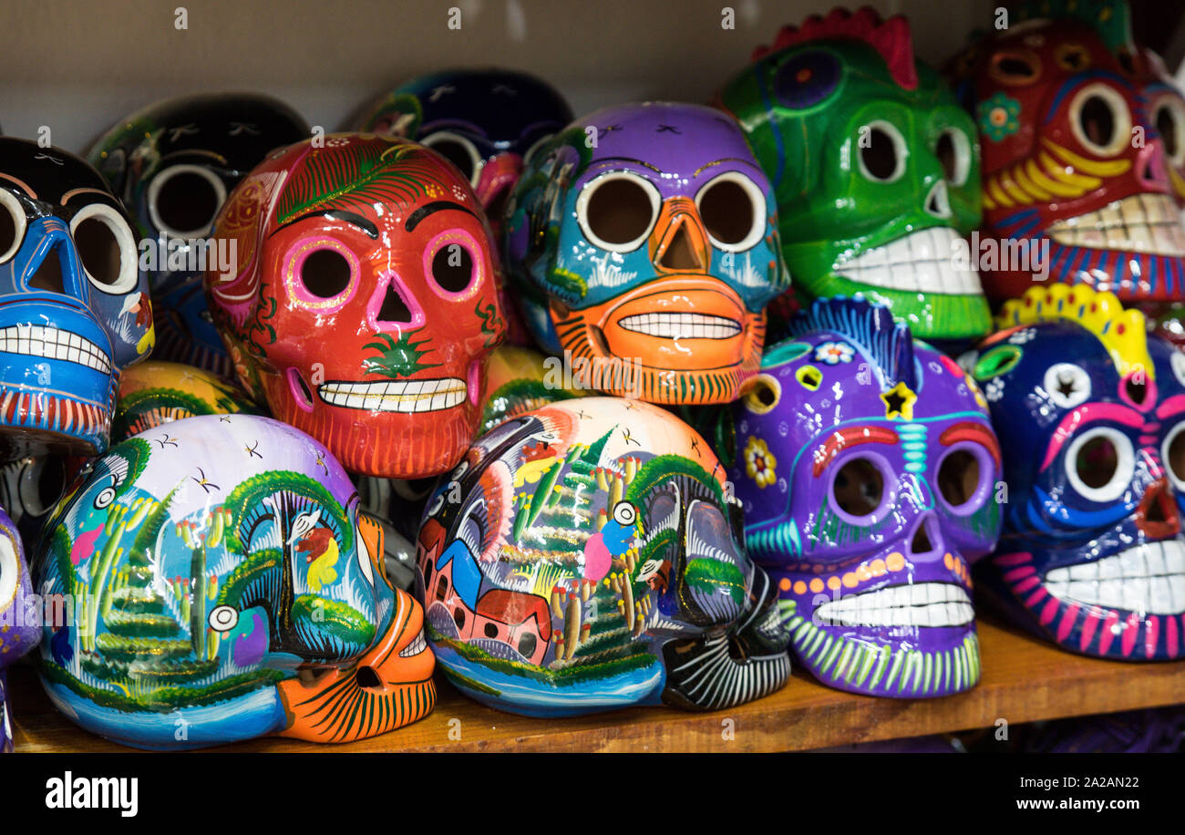 Mexican colorful skulls. Mexican hispanic ceramic pottery Day of the ...