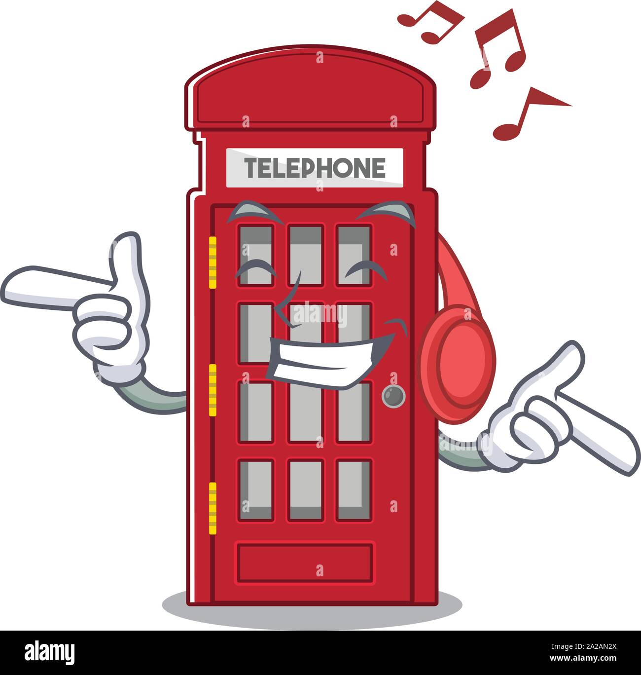 Listening music miniature telephone booth above cartoon table Stock ...