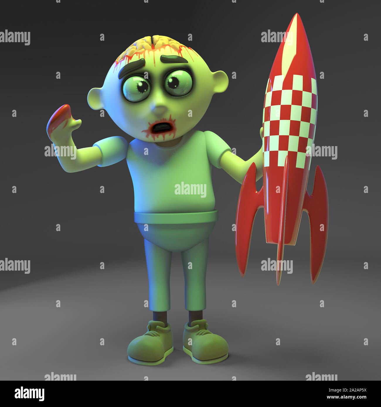 Space obsessed zombie monster has bought a small rocket spaceship, 3d ...