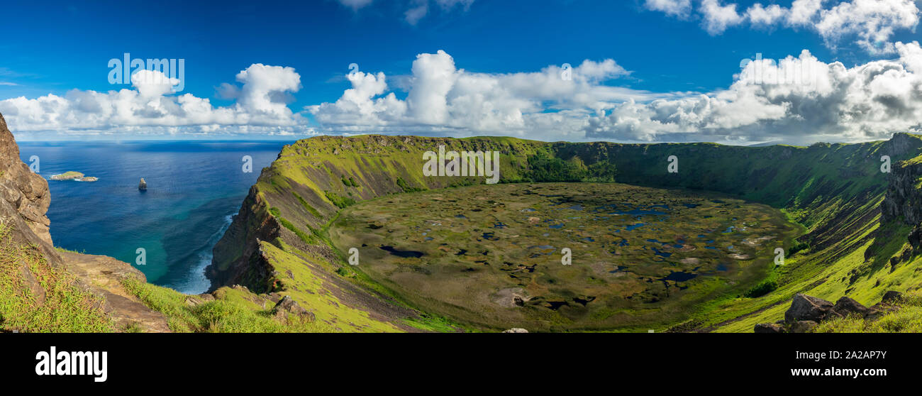 Whole Rano kau volcanic crater panoramic view with Tangata matu islets ...