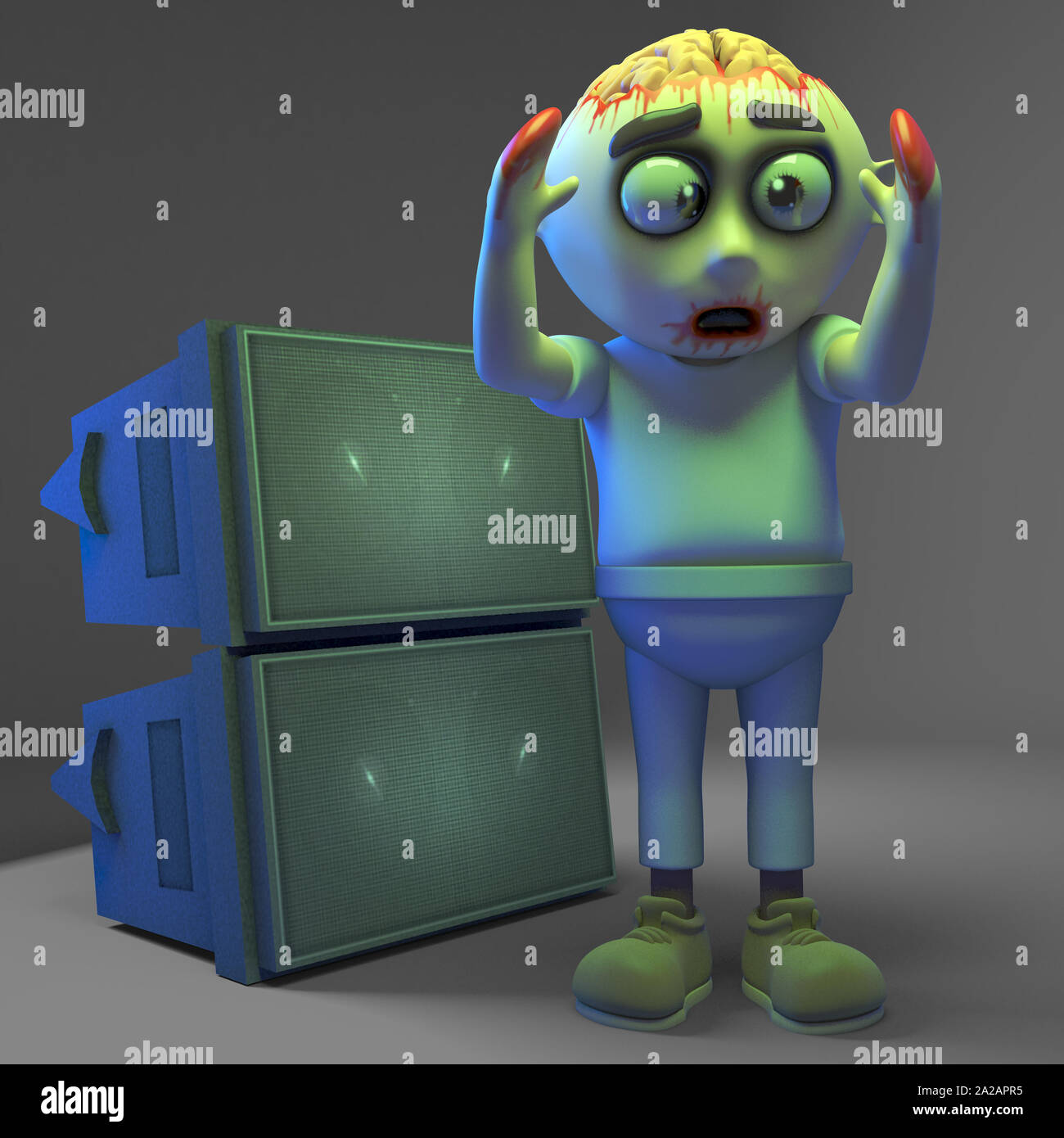 Poor undead zombie monster is deafened by the loud sound system, 3d ...