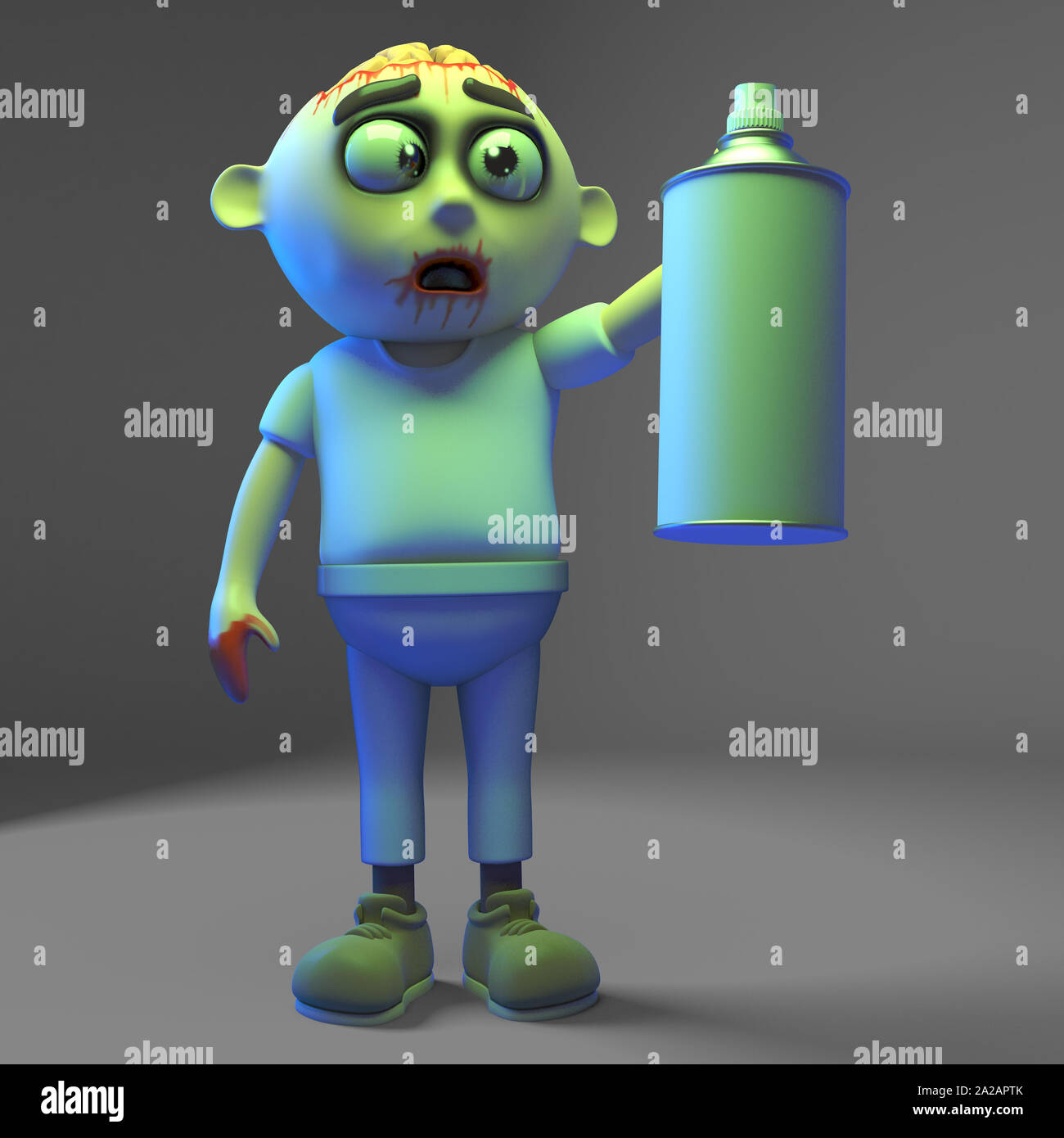 Smelly undead zombie tries to freshen the lavatory with a spray, 3d ...