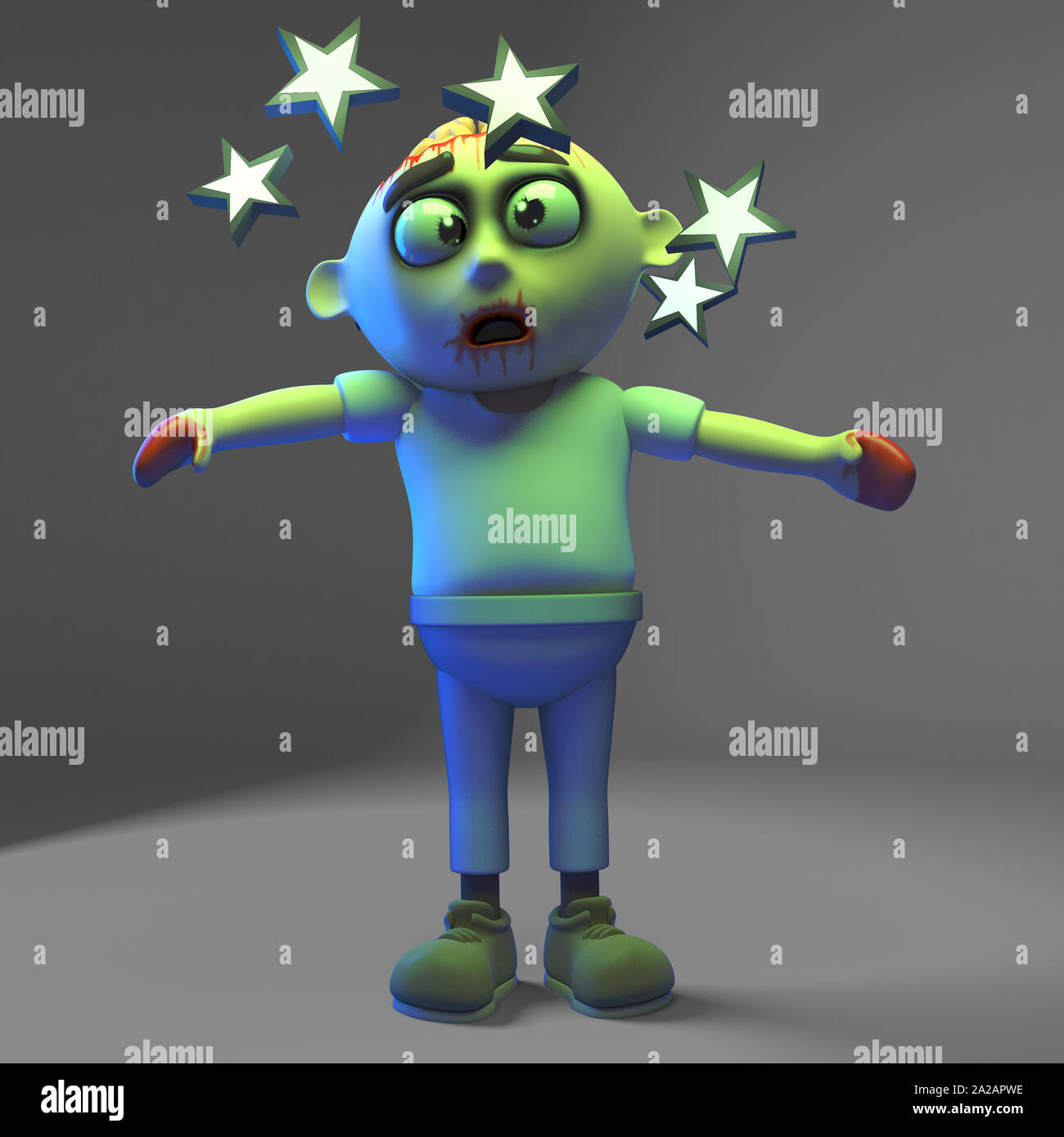 Silly undead zombie seems confused and dizzy, 3d illustration render ...