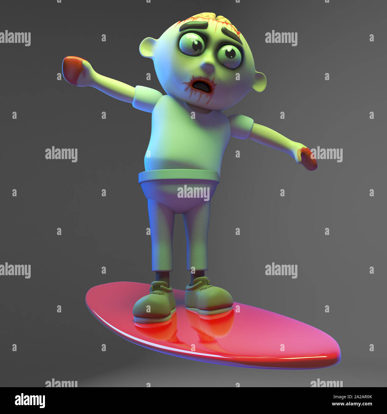 Undead zombie monster looks cool on his surfboard, 3d illustration ...