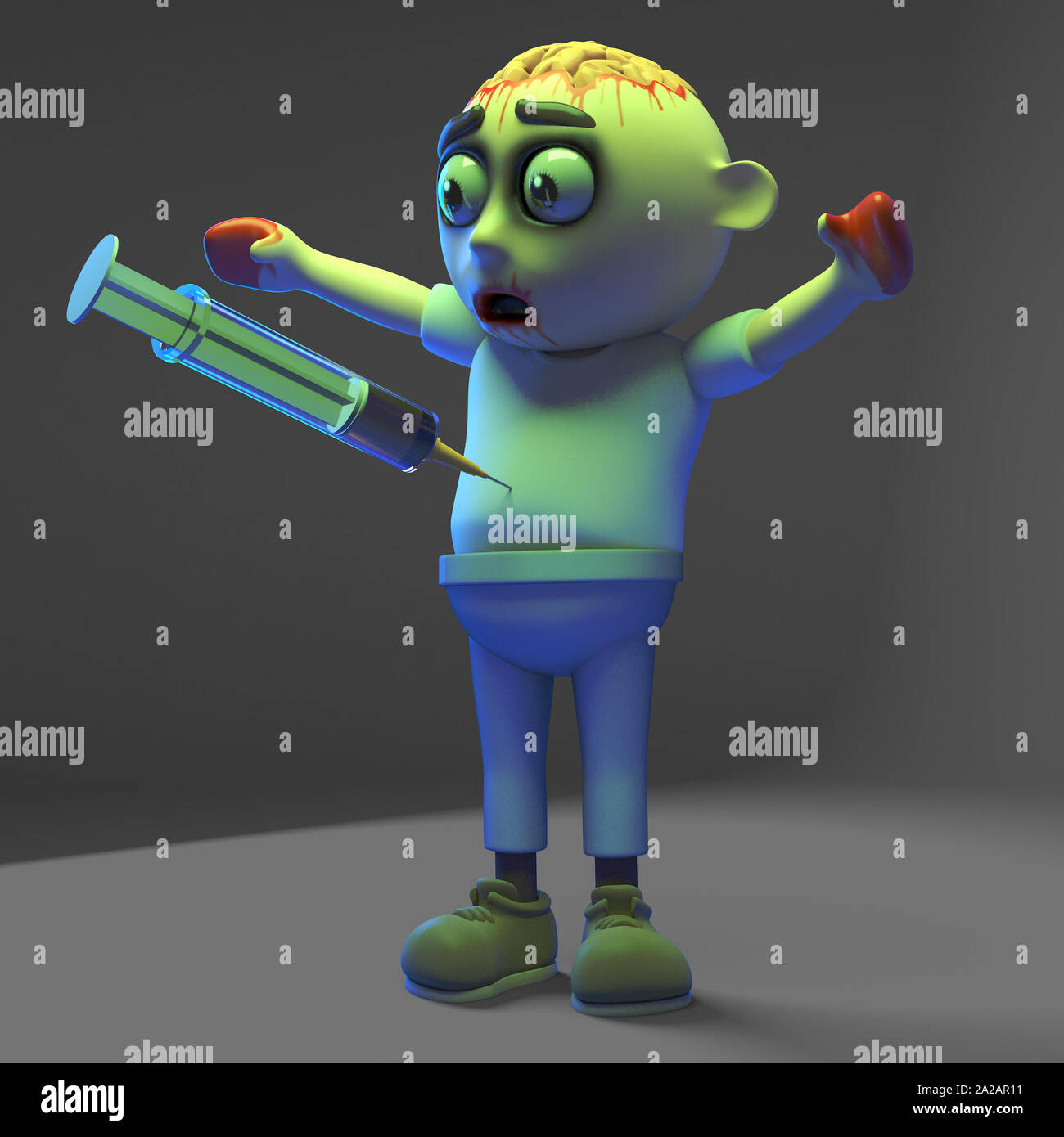 Zombie monster is surprised at how painful an injection with a syringe ...