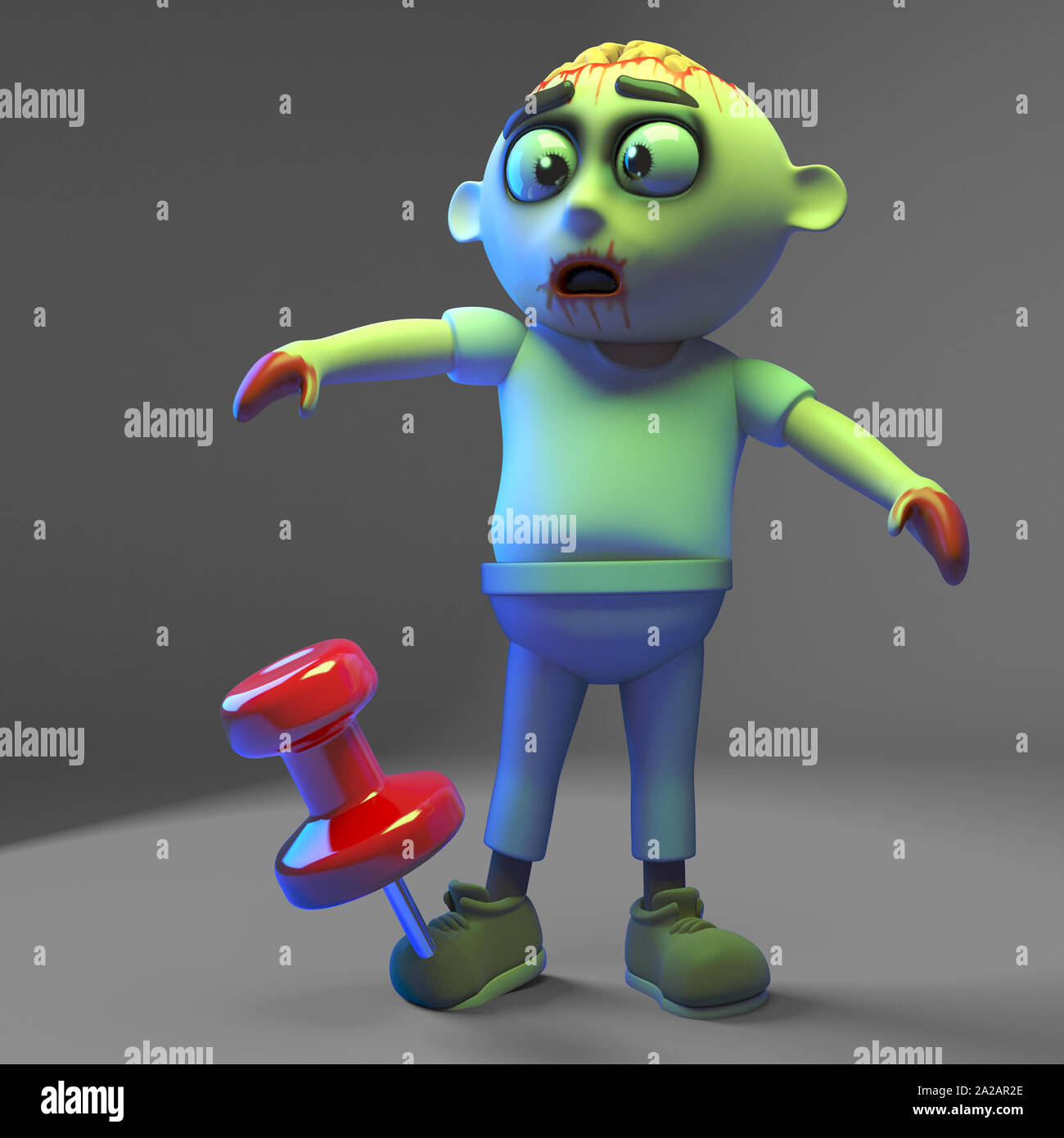 Poor undead zombie monster has a small tack stuck in his foot, 3d ...