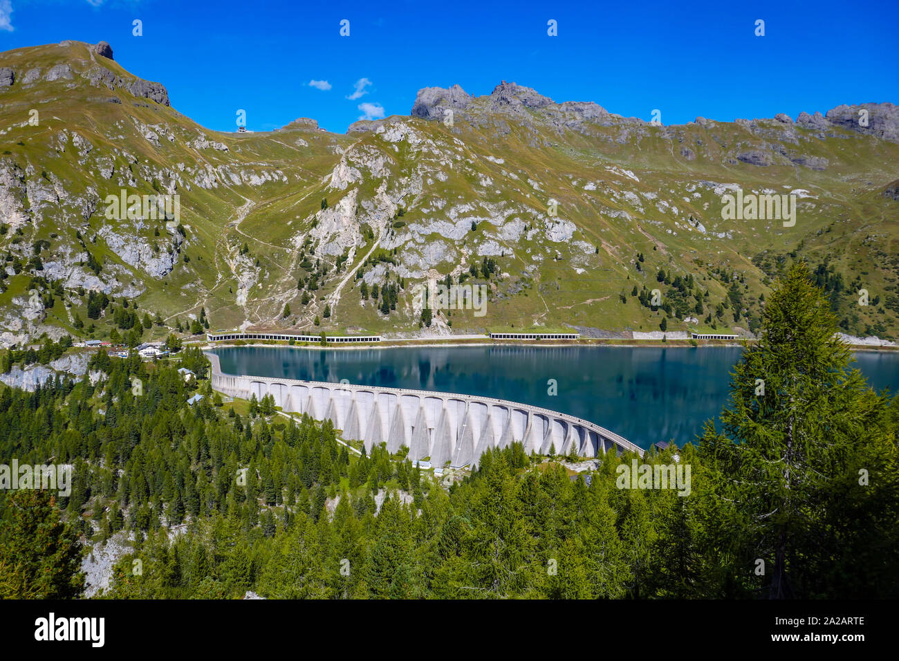 Fediai dam and reservoir, Autumn in the Italian Dolomites, Canazei ...