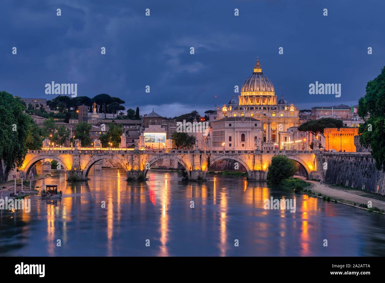Ponte Sant'Angelo (Bridge of Angels) at Blue Hour with City Lights and ...