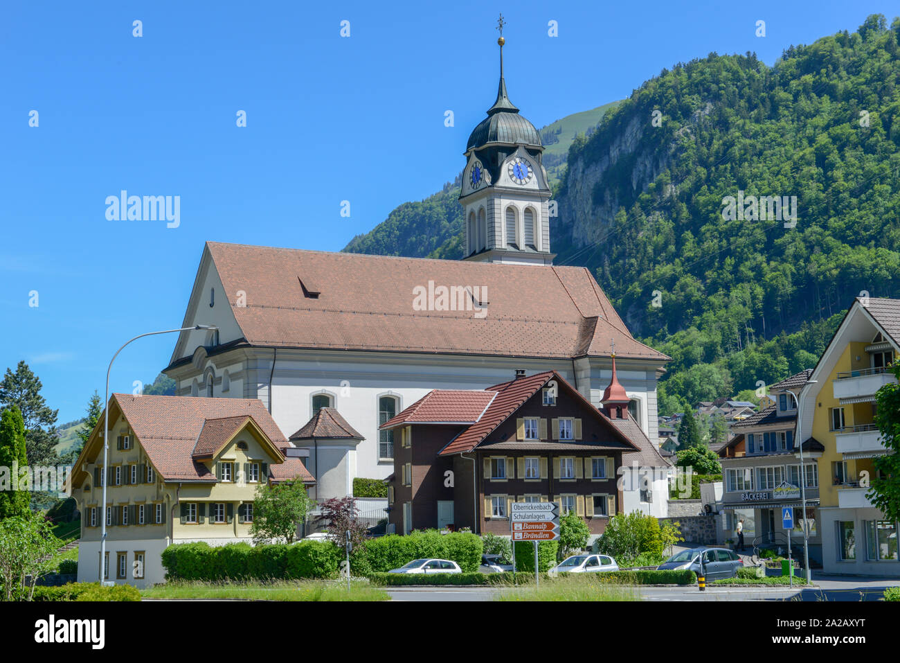 Wolfenschiessen, Switzerland - 22 April 2019: Central square of ...