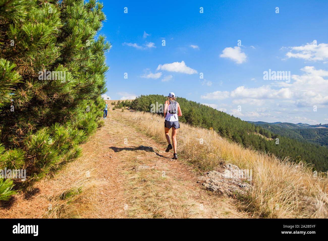 Cross-country running , unrecognizable athlete female run in mountains ...