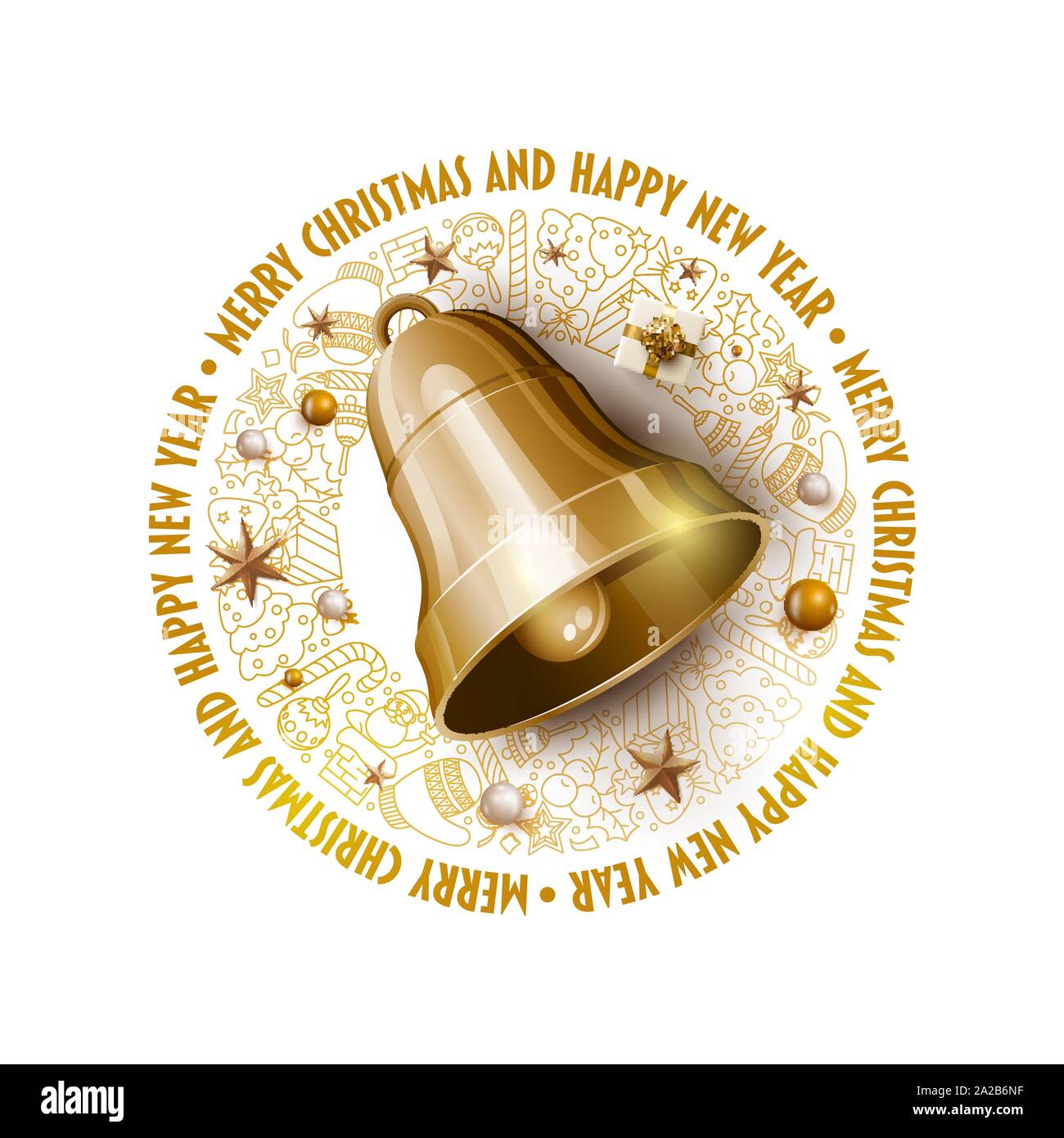 Golden Christmas Bell Merry Christmas and New Year greeting card design ...