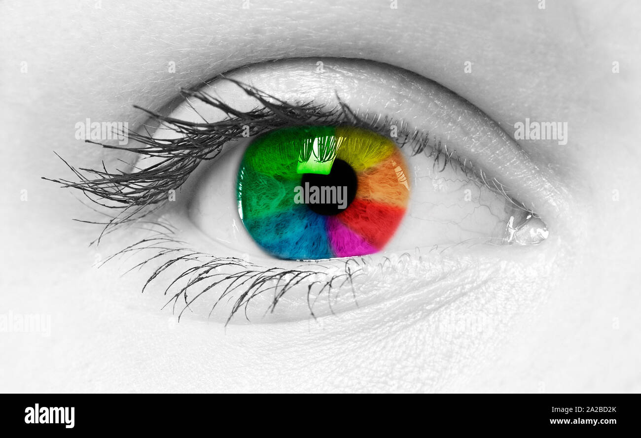 Macro view of a young womenwith cmyk colored eye in close-up Stock ...