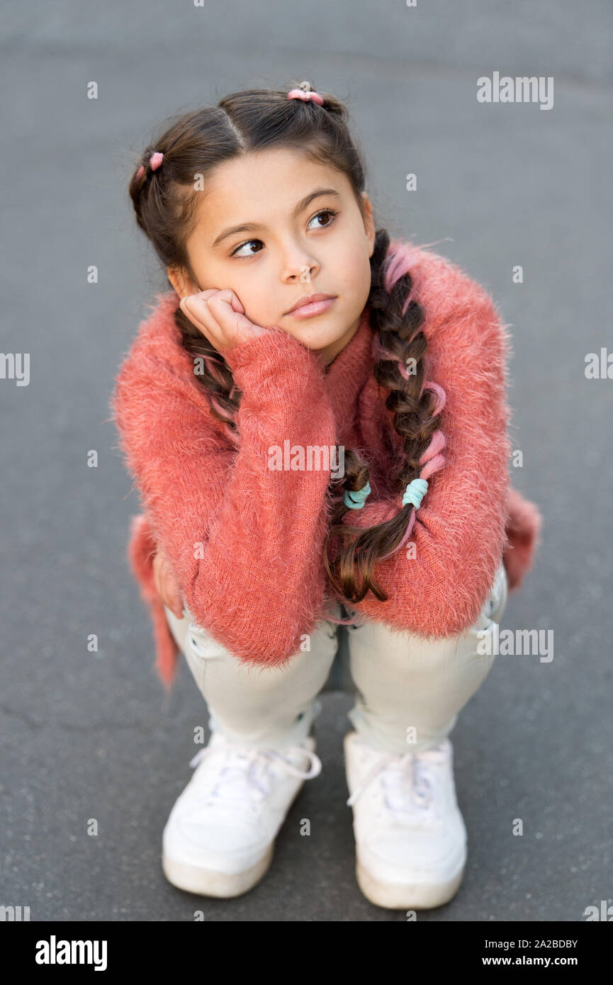 Autumn depression. Girl little kid sad face dislike something. Kid ...