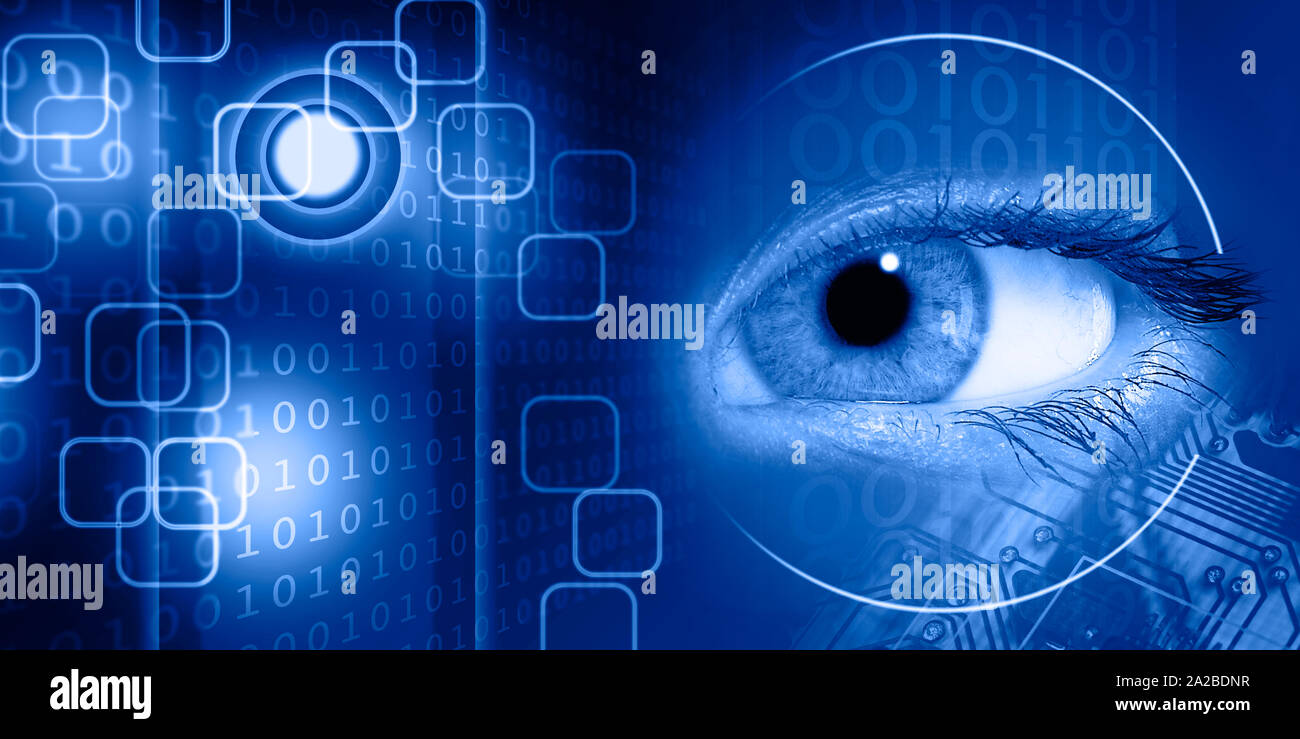 Macro view of a young women eye on technology background Stock Photo ...