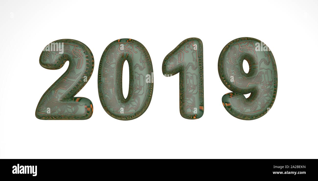 Happy new year 2019. Holiday 3D render technical hi-tech microchips in ...