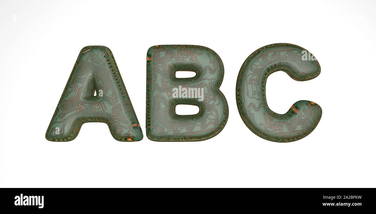 3D font from green hi-tech chips on a white background, technical font ...