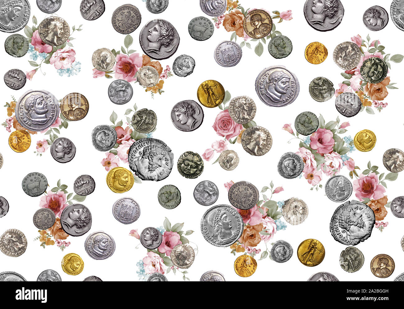 Seamless ancient coins pattern with watercolor flowers and white ...