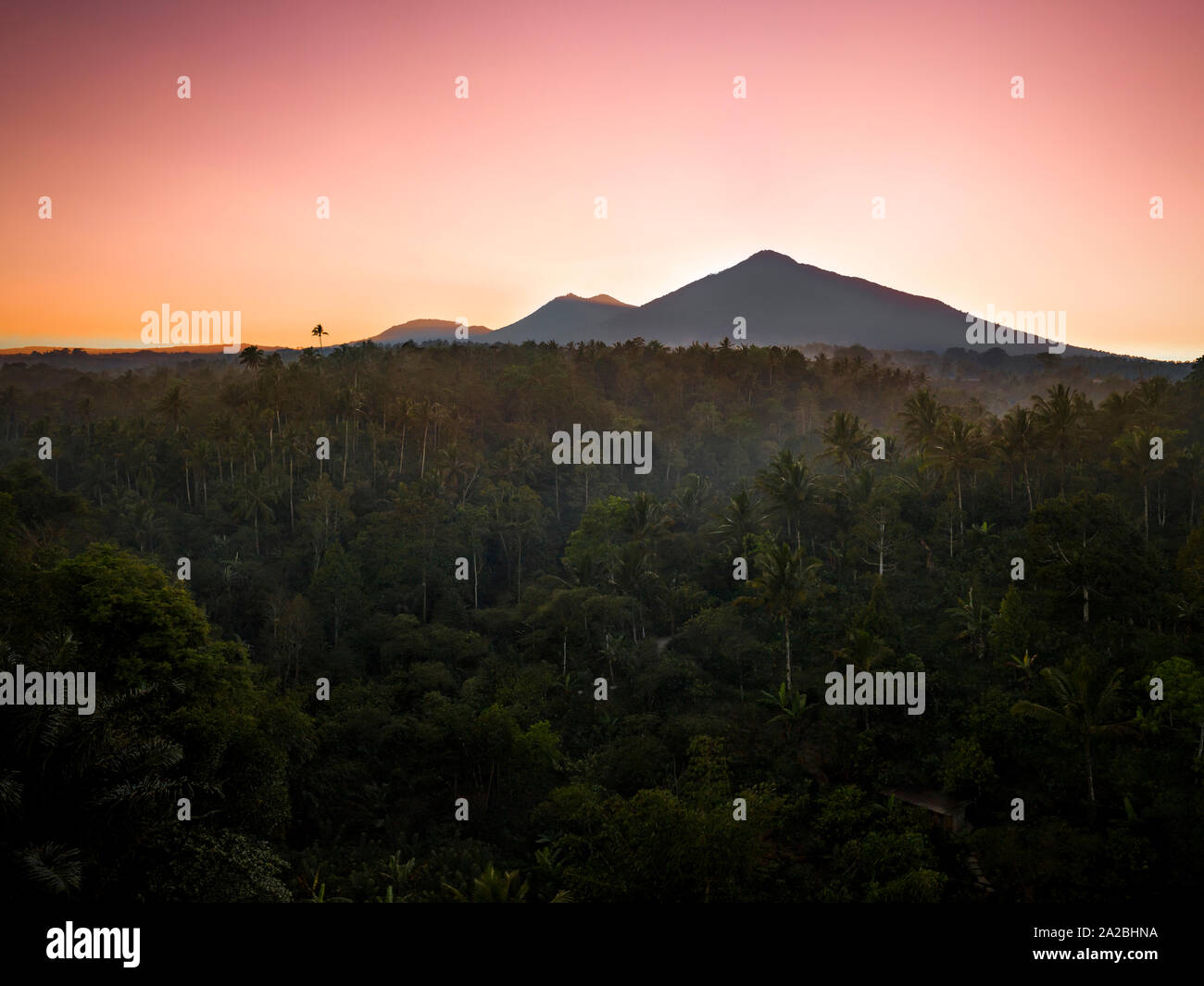 Majestic volcano at sunrise surrounded by dense rainforest Stock Photo ...