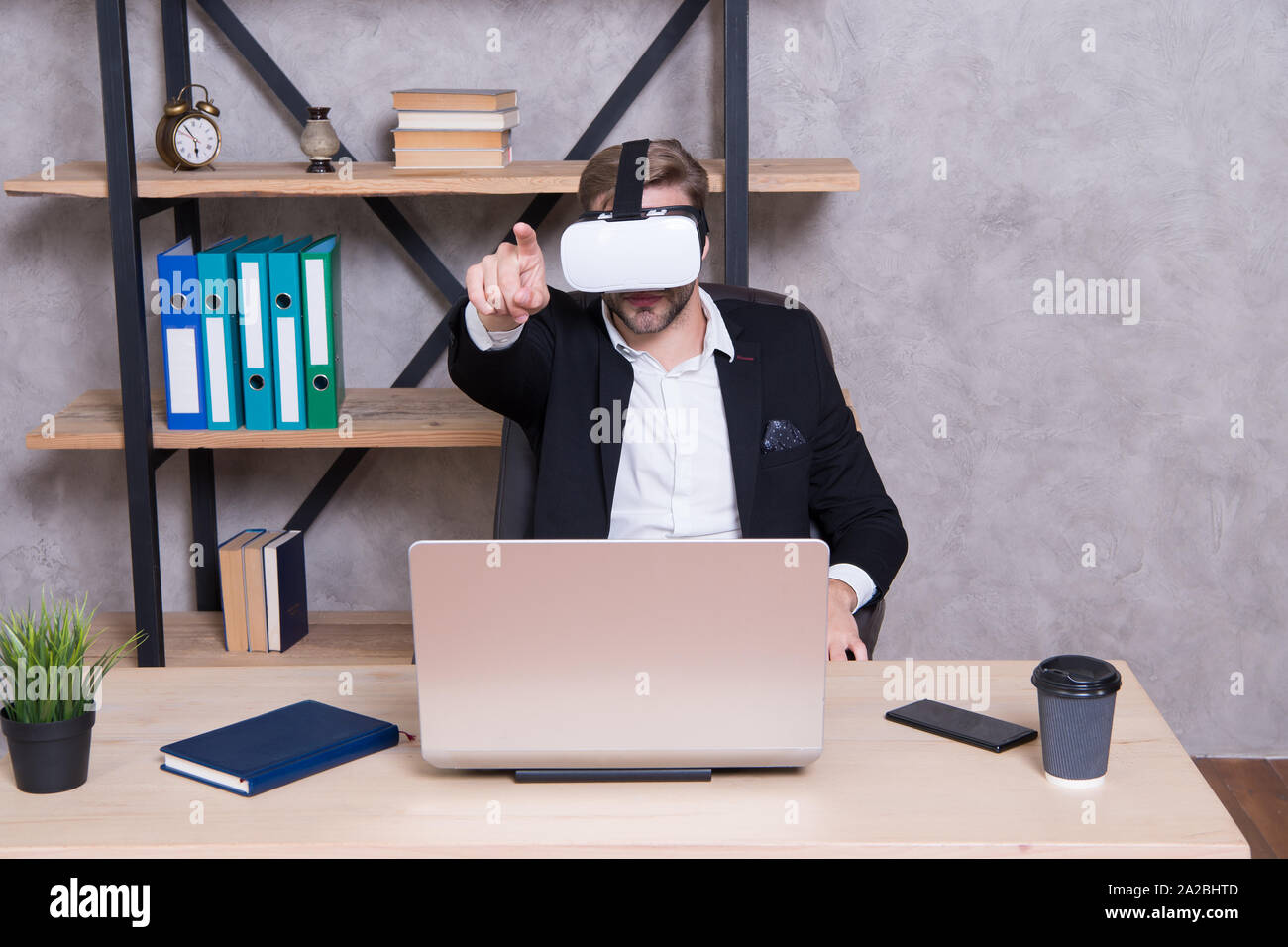 Virtual work space. Businessman explore virtual reality. Interact in ...