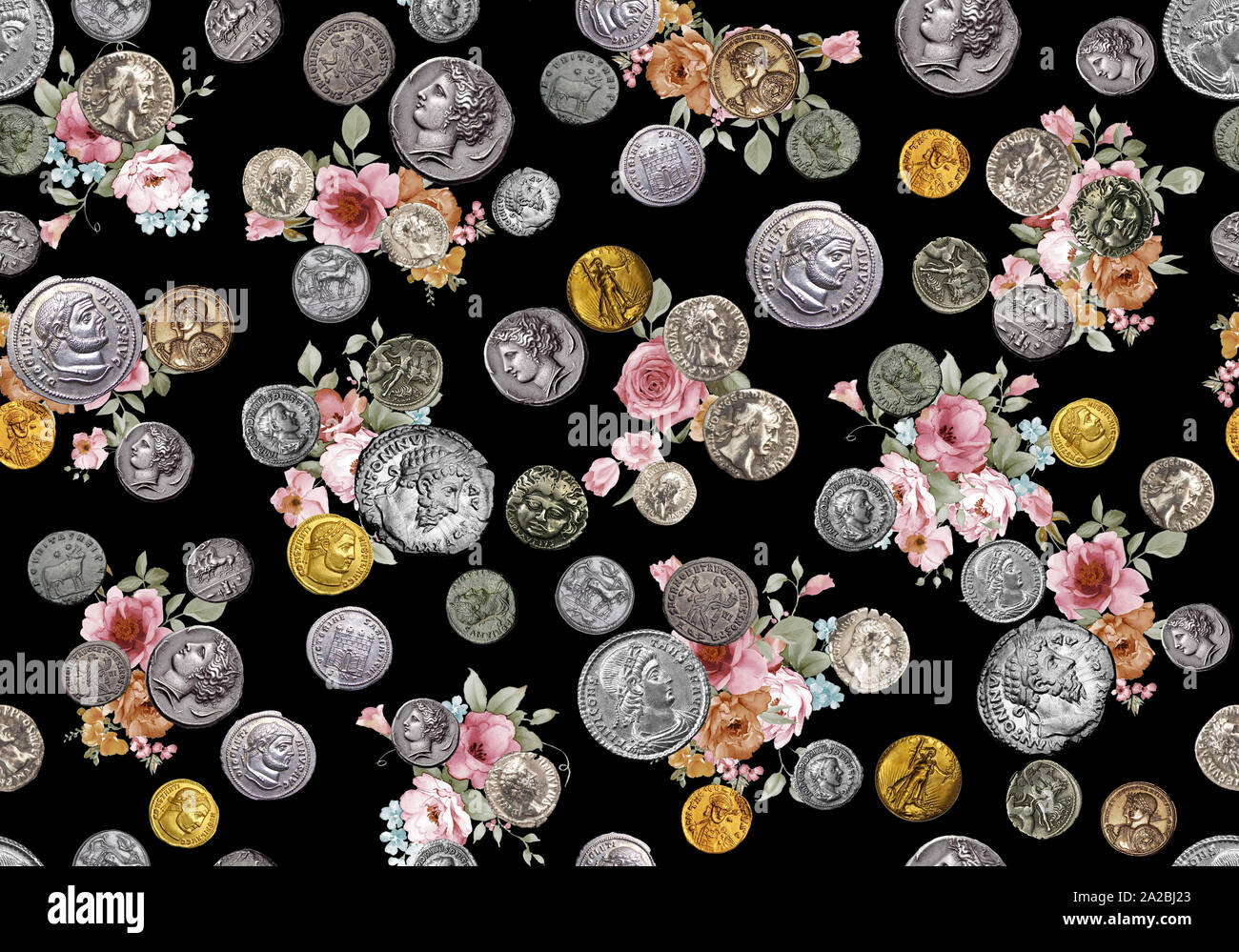 Seamless ancient coins pattern with watercolor flowers and black ...