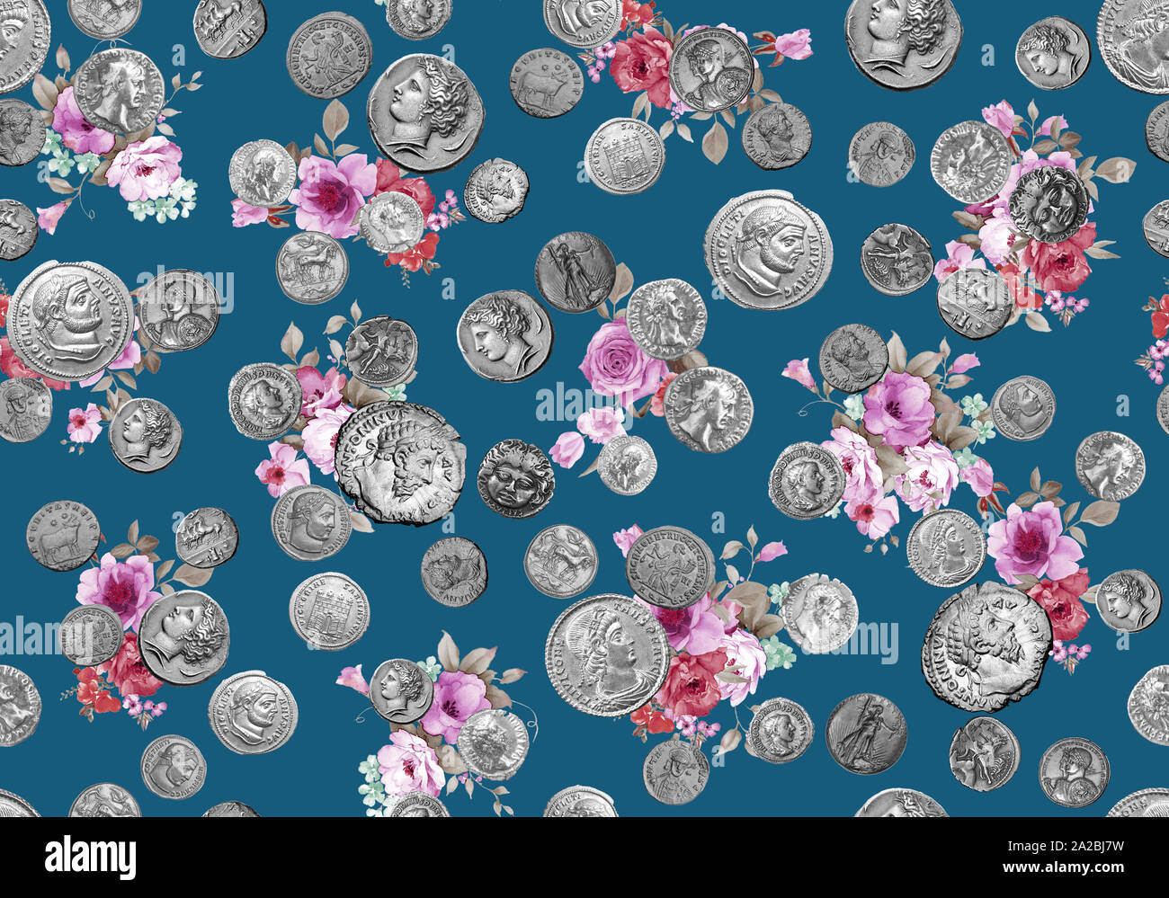Seamless ancient coins pattern with watercolor flowers and blue ...