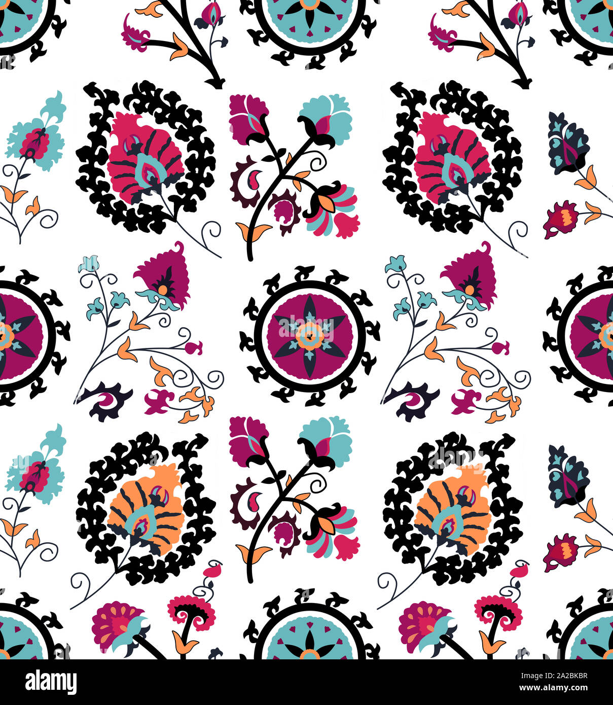 Seamless colored ethnic flowers and leaves pattern on white background ...