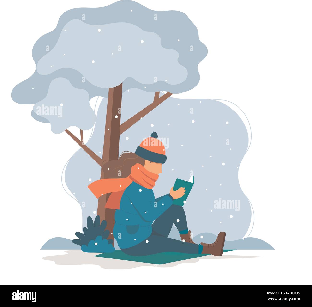 Girl reading a book in winter. Cute vector illustration in flat style ...