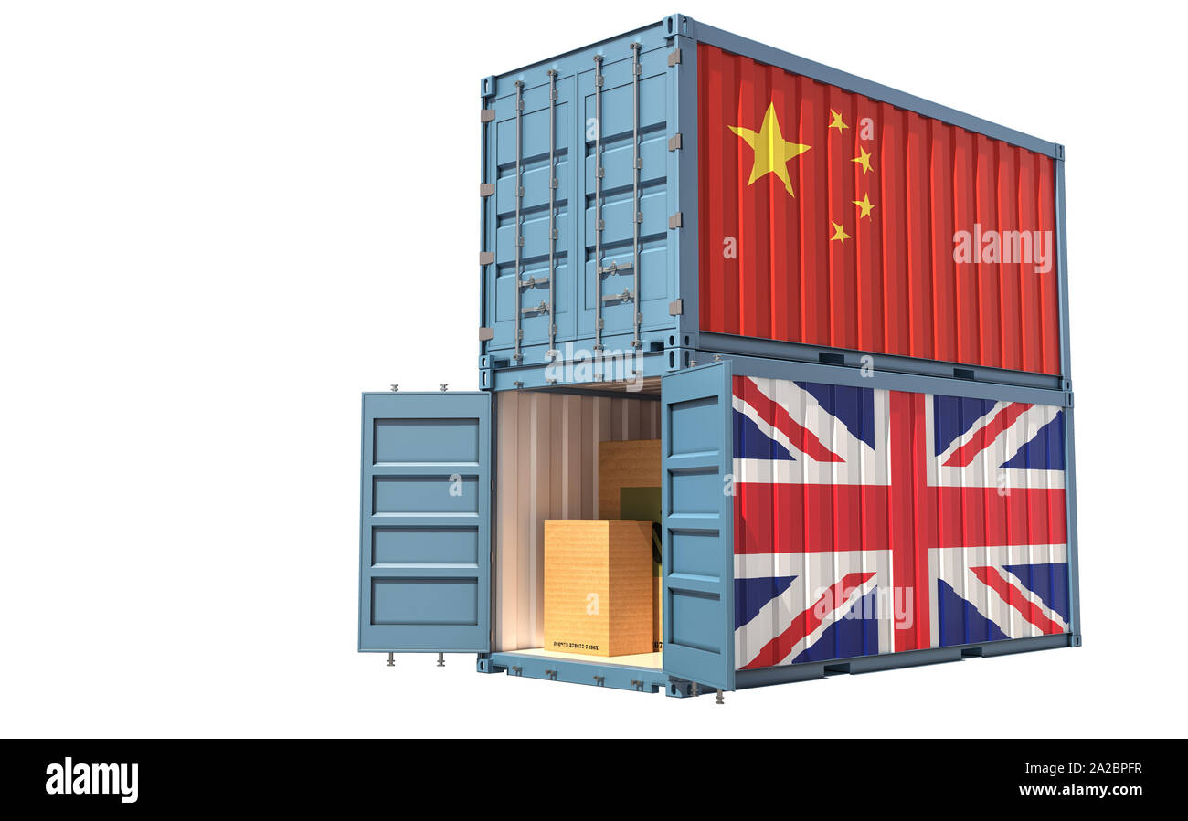 Two freight container with China and United Kingdom flag. Isolated on ...