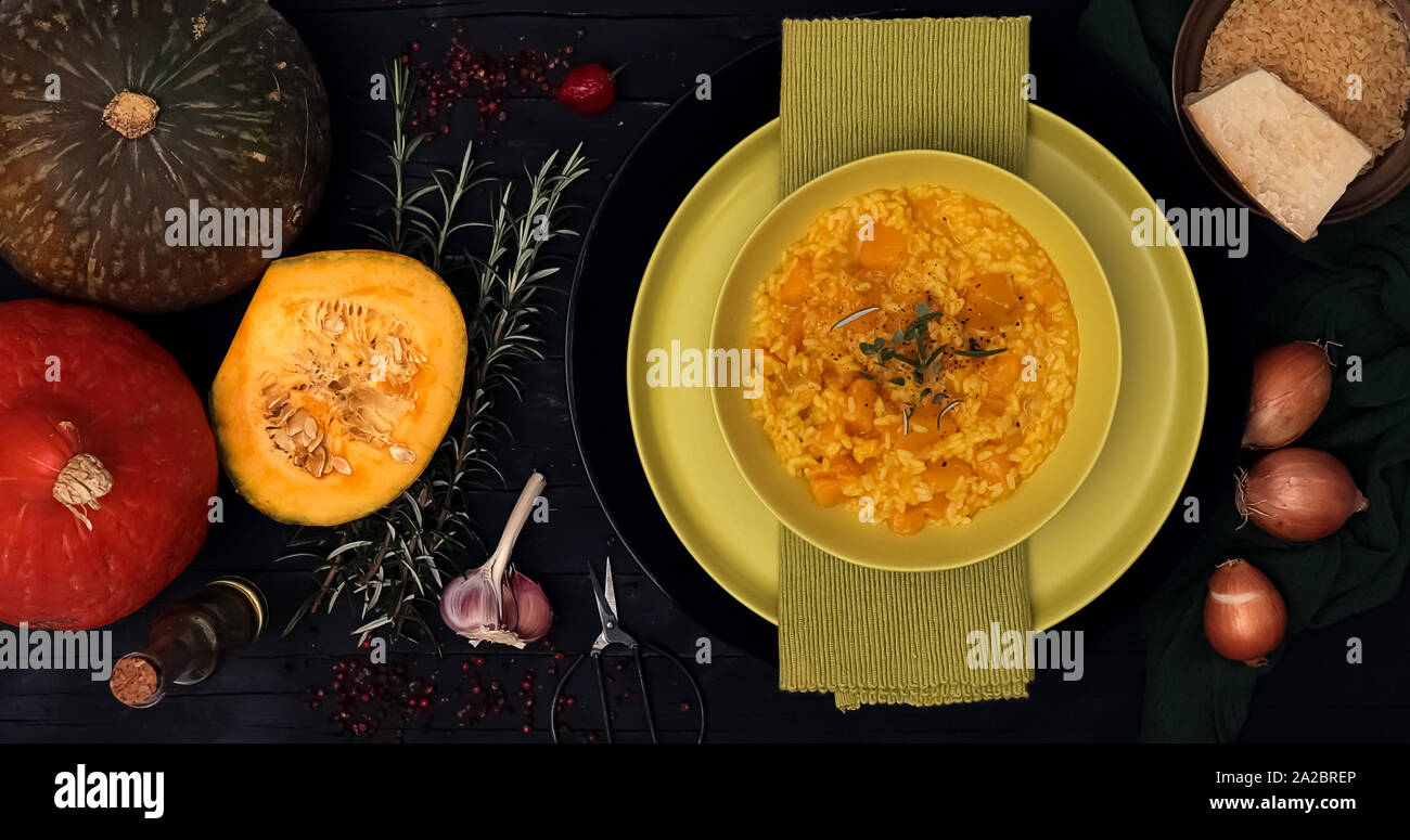 Plate with squash risotto and the ingredients necessary for the ...