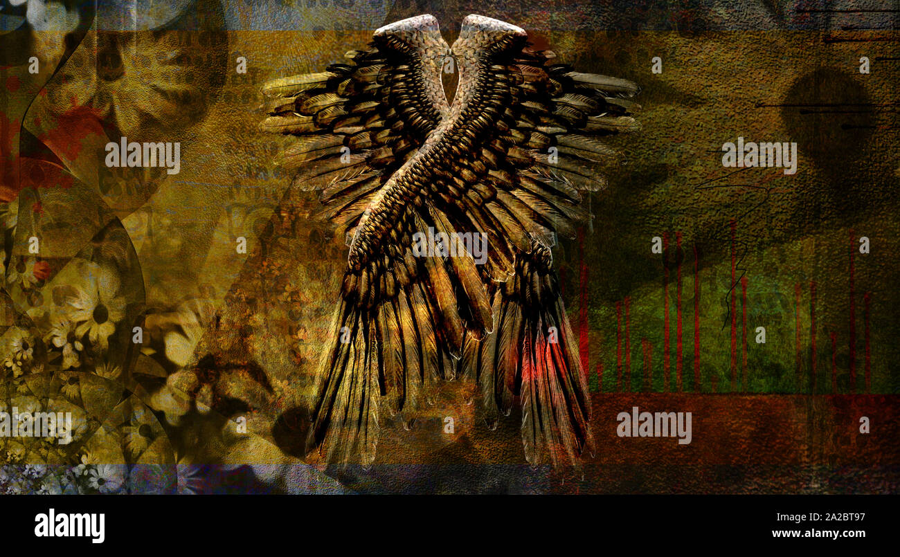 Dark art composition. Angels Wings. Flower pattern Stock Photo - Alamy