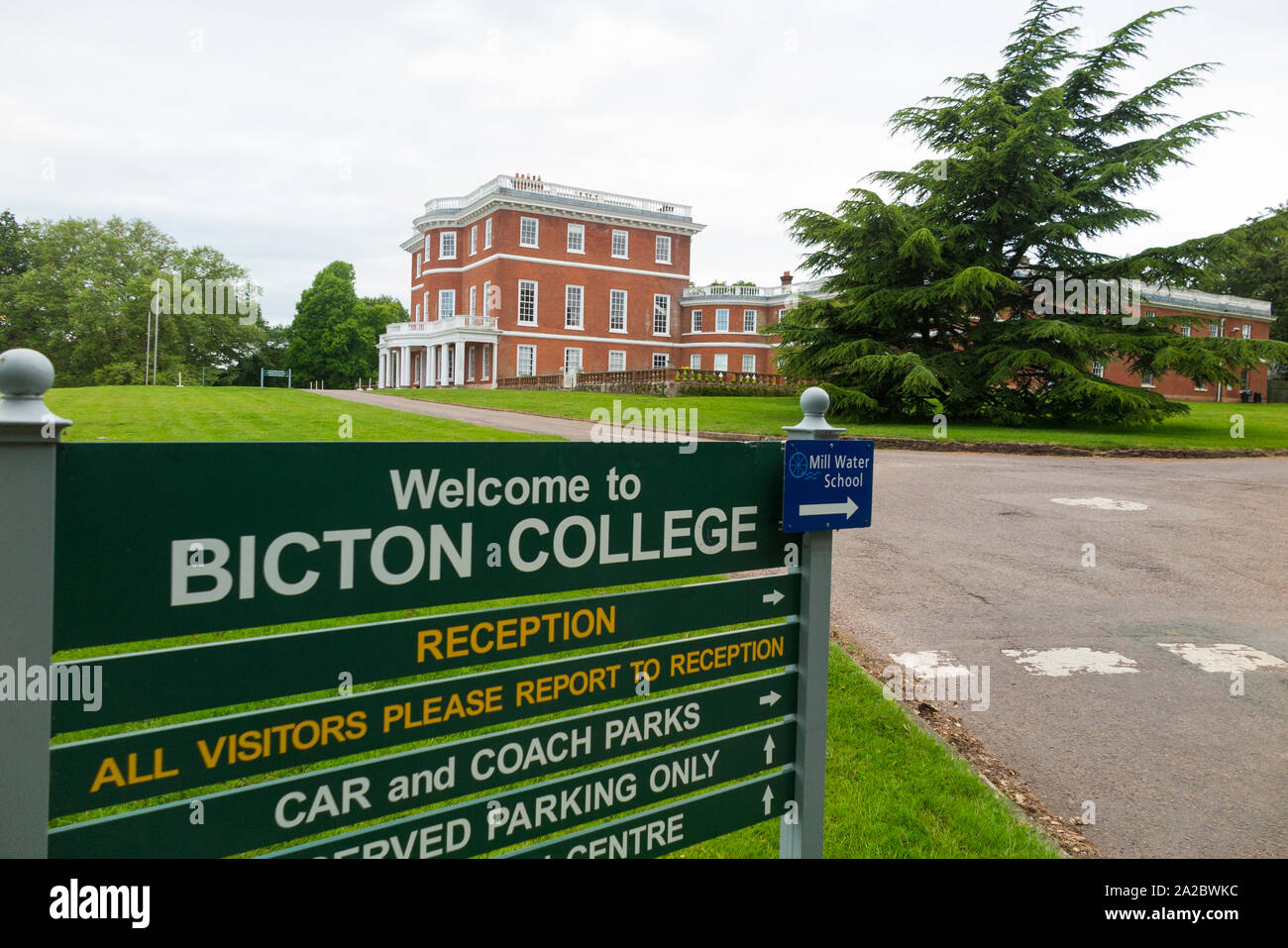 Bicton College main building, with entrance sign. Bicton House ...