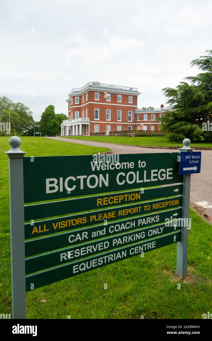 Bicton College main building, with entrance sign. Bicton House ...