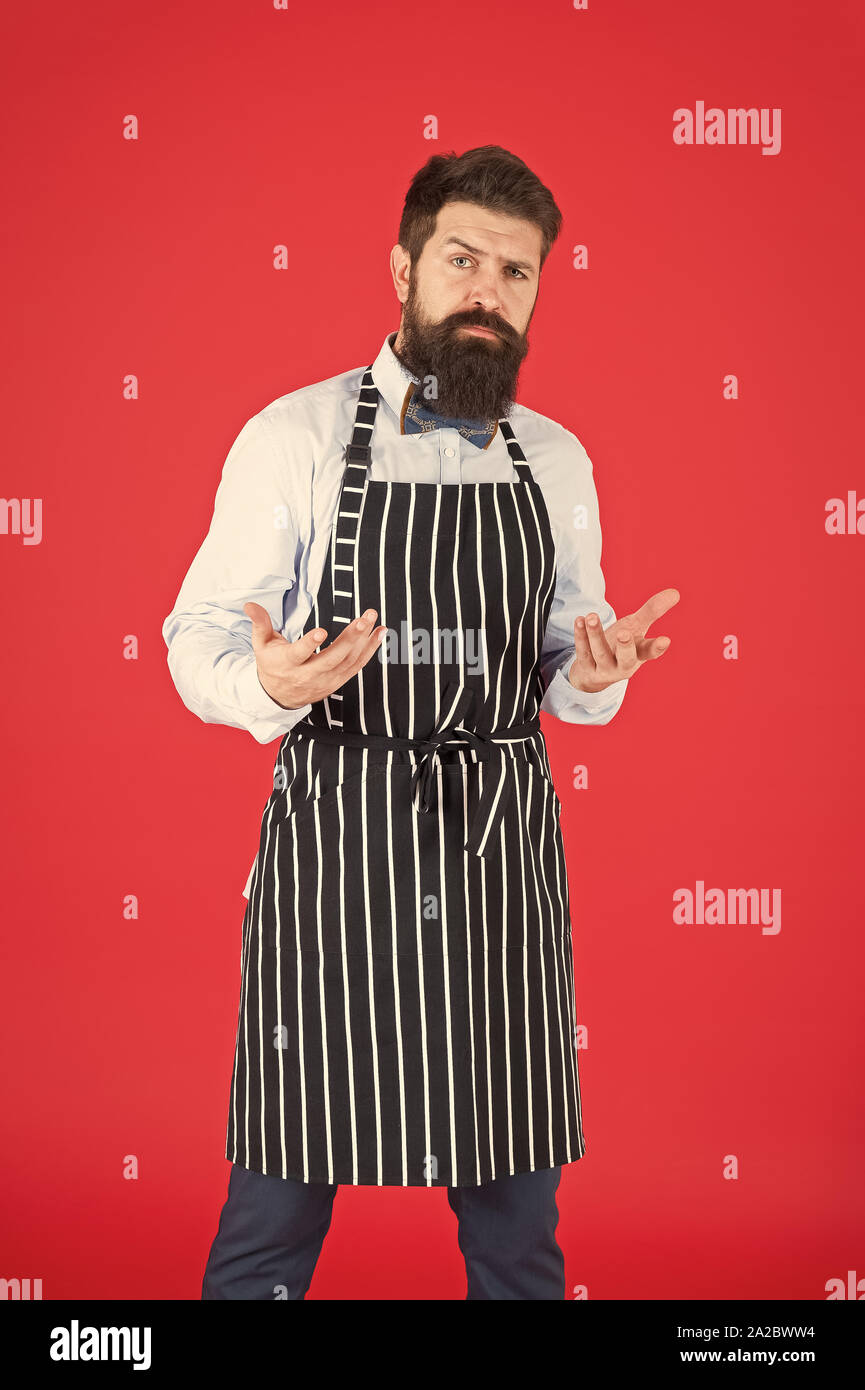 How can I help you. Man with beard cook hipster apron. Hipster chef ...