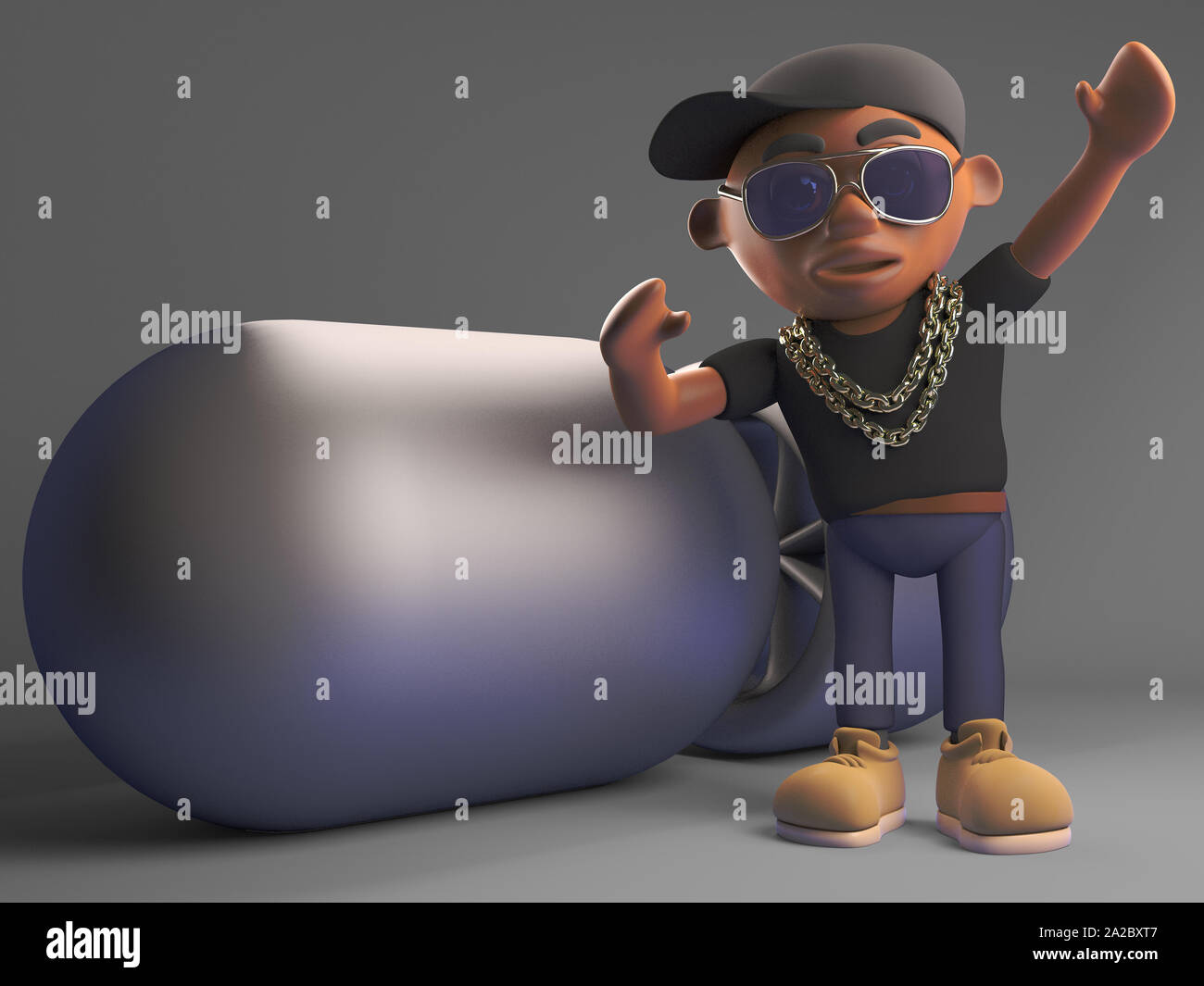 Cool black hiphop rapper standing by a huge bomb, 3d illustration ...