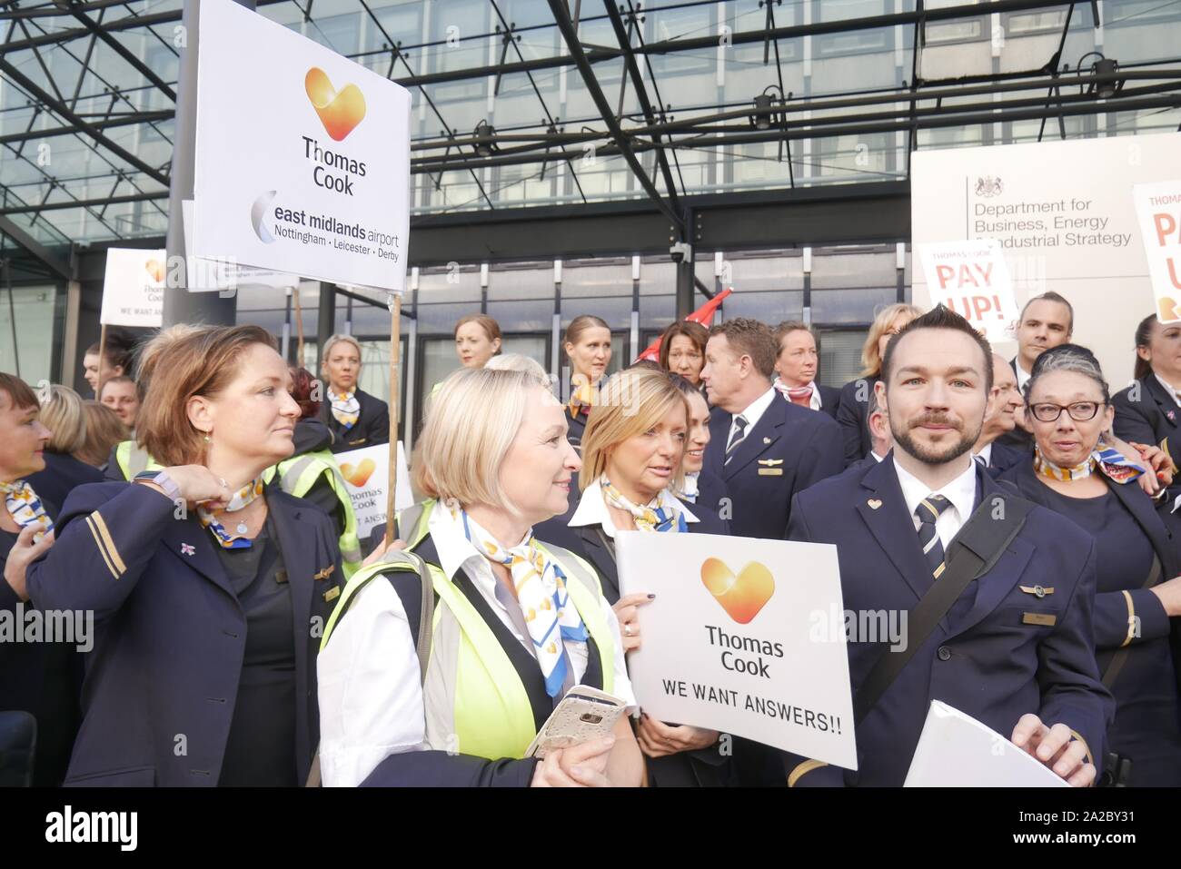 London, UK. 2nd Oct, 2019. Thomas Cook employees demonstrate outside ...