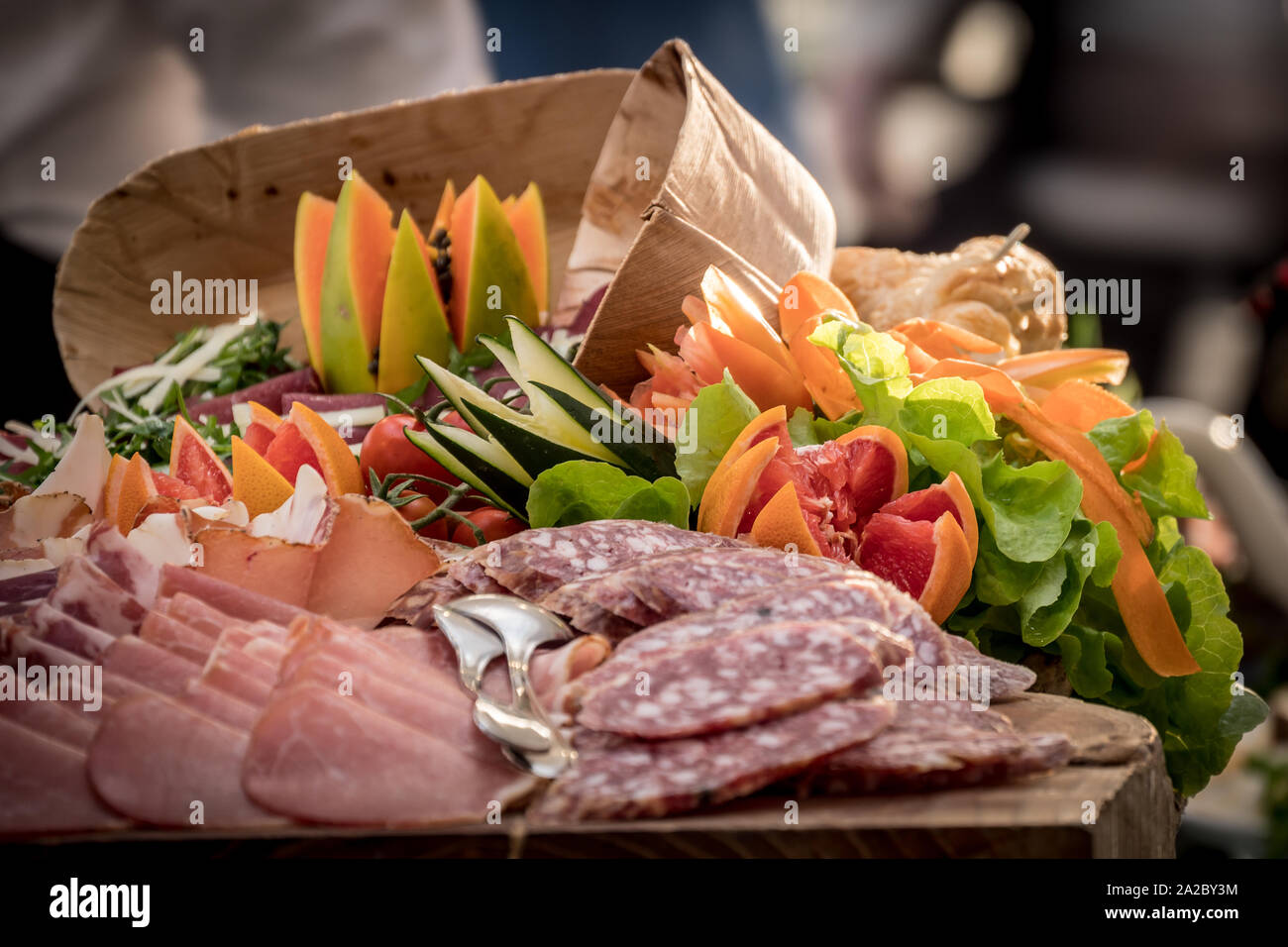Buffet snack appetizer with salami sliced, jam sliced and bresaola on ...